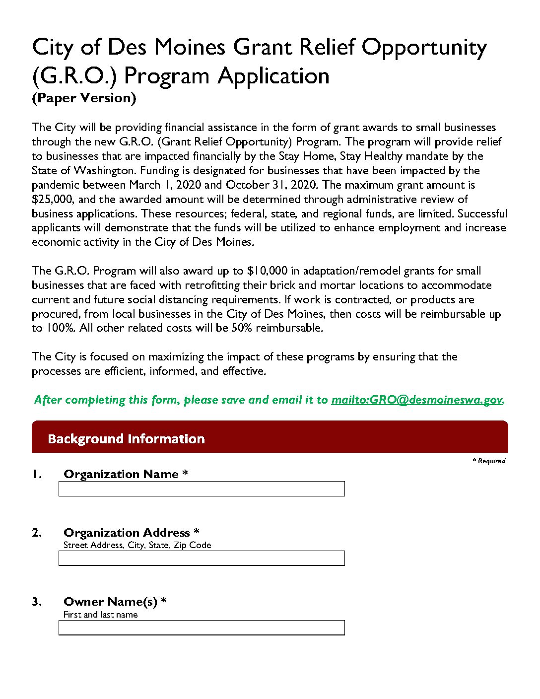 Des Moines G.R.O. Business Grant Paper Application